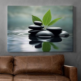 Obraz na plátně - Meditace, černé kameny na sobě, tráva FeelHappy.cz Velikost obrazu: 150 x 100 cm