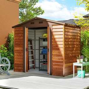 Outsunny Kovový Zahradní Kůlna s Dřevěným Vzhledem 3 m² 152 x 235,7 x 208,7 cm Sklad pro Nástroje s Šikmou Střechou, Okny a Dvoubarevnými Posuvnými D…