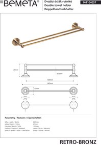 Bemeta Design RETRO bronz: Držák ručníků, 600 mm, dvojitý -