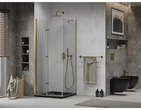 Mexen Lima skládací sprchový kout 90 x 90 cm, Průhledné, Zlatá + sprchová vanička Flat, Černá - 856-090-090-50-00-4070G
