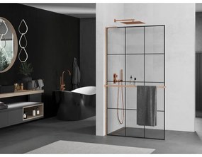Mexen Kioto+ L, sprchová zástěna Walk-In s poličkou a věšákem 110 x 200 cm, 8mm čiré sklo černý vzor, ​​měděný matný profil, 800-110-123-65-77