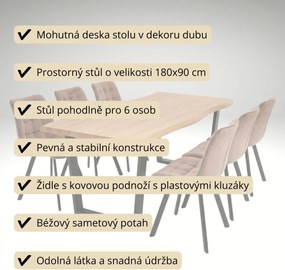 Vikio Jídelní set pro 6 osob 180x90 cm dub noha U béžová židle VJS158-6BE-S