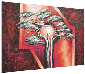 Orientální červený obraz stromu a slunce (100x70 cm)