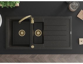 Mexen Andres, granitový dřez 1000x500x200 mm, 1,5-komorový, černá se zlatou metalízou a zlatým sifonem, 6515101510-75-G