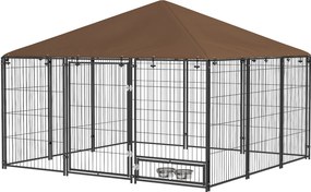 PawHut Kovový Psí Výběh s Krytem a Otáčivými Mísami pro Krmení 2 Mísy 211x141x151 cm Černá | Aosom