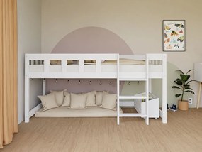 Benlemi Nízká vyvýšená postel PLOTTY s žebříkem 90x200 cm Zvolte barvu: Bílá, Zvolte stranu: Vlevo, Zvolte variantu: Bez závěsu