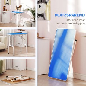 PawHut skládací stůl pro úpravu psů, protiskluzová plocha, nastavitelná nerezová paže, pro malé a střední psy, 81 × 48,5 × 80 cm, modrý