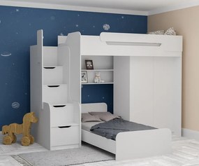 Poschoďová postel Dorian + postel + skříň - bílá