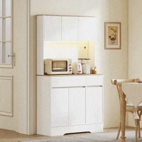 HOMCOM Kuchyňský bufet vysoká kuchyňská skříň s RGB LED světlem, pracovní deska, 6 dvířek, 2 zásuvky, bílá
