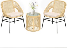 Outsunny 3dílný ratanový bistro set – 2 polstrovaná křesla a tvrzený skleněný stolek, ergonomický nábytek na balkon/terasu, béžová | Aosom