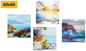 Set obrazů výhled na moře v imitaci malby - 4x 40x40 cm