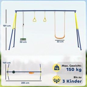 Dětská houpačka 3 v 1 s klasickou houpačkou, gymnastickými kruhy, stojící houpačkou, 285x160x181 cm