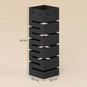 HOMCOM kovový stojan na deštníky, čtvercový držák s odnímatelnou miskou a 4 háčky, do předsíně, 15,5 x 15,5 x 49 cm, černý