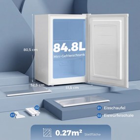 HOMCOM Mini mraznička 85 l, kompaktní volně stojící mraznička s možností přehodit otevírání dveří a nastavitelnou teplotou, bílá