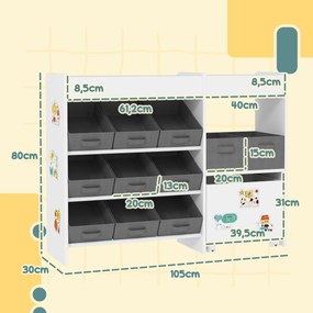 AIYAPLAY Úložný regál na hračky pro děti s 11 odnímatelnými koši a samolepkami pro hernu 105x30x80 cm Bílý