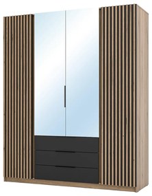 Šatní skříň KAJA 2LAM 2LU 3S | 200 cm | se zrcadly | VYSOKÁ | evoke/černá + lamely