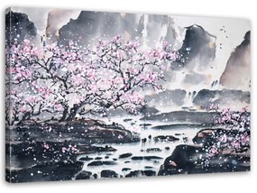 Obraz na plátně, Japonský třešňový květ Růžová příroda - 100x70 cm