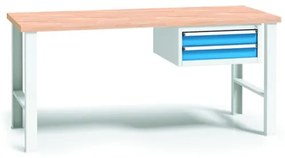 Výškově nastavitelný pracovní stůl do dílny WL se závěsným boxem na nářadí, buková spárovka, 2 zásuvky, 1500 x 685 x 840 - 1050 mm