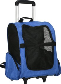PawHut přepravka pro domácí zvířata 2 v 1 - Kola a batoh s teleskopickou hliníkovou rukojetí a úložnými kapsami 42x25x55 cm Modrá