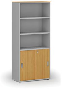 Kombinovaná kancelářská skříň PRIMO GRAY, zasouvací dveře na 2 patra, 1781 x 800 x 420 mm, šedá/buk