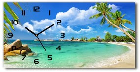 Wallmuralia Skleněné hodiny na stěnu tiché Seychely pláž 60x30 cm