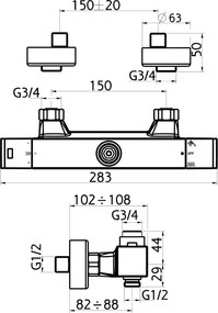 Novaservis Aquasave sprchová termostatická baterie s dolním a horním vývodem 150mm, 2862/1,0