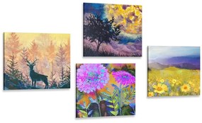 Set obrazů imitace olejomalby jelena v přírodě - 4x 60x60 cm