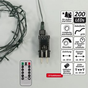 NEXOS Vánoční řetěz, 200 LED, teple bílá, zelený kabel