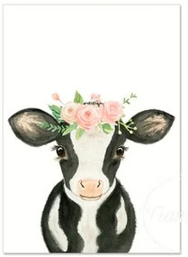 Plátno - obrázek - zvířátka s věnečkem Motiv: TX2156R černobílá kravička, Rozměry (cm): 13x18 cm