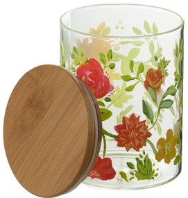 Skleněná dóza na potraviny s dřevěným víčkem a květy  Floral glass - Ø10*13cm / 800ml