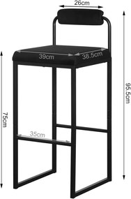Sada 2 barových židlí  – černé, sametové, s opěrkou zad a kovovou podnoží
