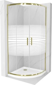 Mexen Rio, čtvrtkruhový sprchový kout 90(dveře)x90(dveře)x190 cm, 5mm čiré sklo s pásky, zlatý profil + bílá sprchová vanička SLIM, 863-090-090-50-20-4110G