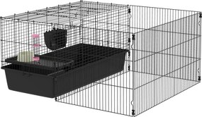 Bouda PawHut pro malá zvířata s výběhem, 112,5L x 99W x 54H cm, s lahví na vodu, krmítkem, miskou na krmení, pro malá zvířata, ocel, černá | Aosom