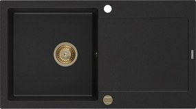 Mexen Leo, dřez granitový 900x500x190 mm, 1-komorový, černá se zlatým sifonem, 6501901010-77-G