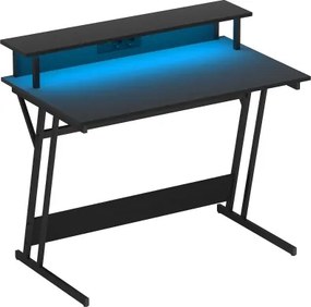 Herní stůl HOMCOM s LED světly 100x60 cm, zásuvky na monitory, police a černé dálkové ovládání