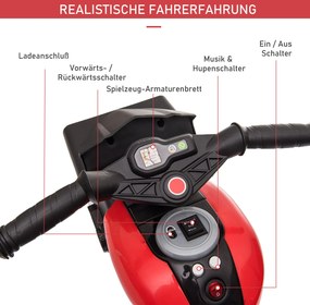 HOMCOM Elektrická Motorka pro Děti od 3 Let 6V Na Baterie s Osvětlením, Hudbou, Klaksonem a Širokými Koly, Rychlost 3 km/h, Červená a Černá