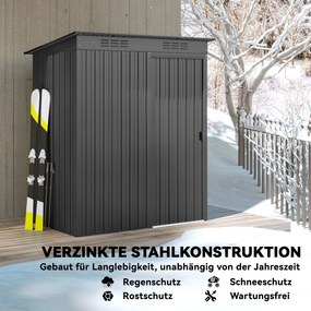 Outsunny kovová zahradní kůlna 1,37 m² — 159 x 106 x 181 cm, posuvné dveře, větrání, šikmá střecha, 2 páry rukavic, snadná montáž — tmavě šedá