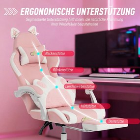 Vinsetto růžové herní křeslo s kočičími ušima — ergonomické, polohovatelné, PU kůže, s podnožkou a odnímatelnou opěrkou hlavy i bederní oporou