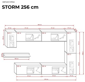 Ral Obývací stěna STORM 256 cm - Bílý lesk + Černá police