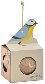 Krmítko pro ptáky lepenkové závěsné s velkou lojovou koulí 10 x 10 x 16 cm sýkora modřinka