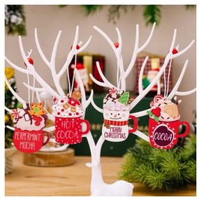 Sada vánočních dřevěných ozdob HOT DRINKS, 12 ks
