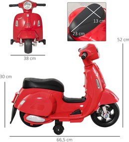 HOMCOM VESPA elektrická motorka dětská motorka elektrické vozidlo 18-36 měsíců 3 km/h LED světlo zvuk PP plast kov červená 66,5 x 38 x 52 cm | Aosom