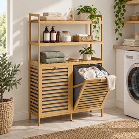 HOMCOM bambusová skříňka do koupelny s koši na prádlo – 3patrové úložiště se 2 odnímatelnými látkovými koši, 80 × 30 × 118 cm, dub