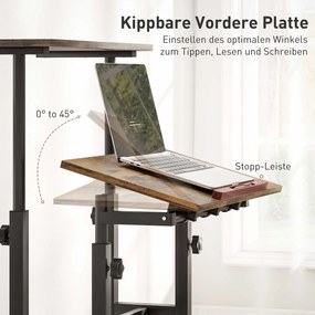 HOMCOM Výškově nastavitelný kuchyňský stůl s policí, kolečky, rustikální psací stůl hnědý 60 x 70,5-120 cm