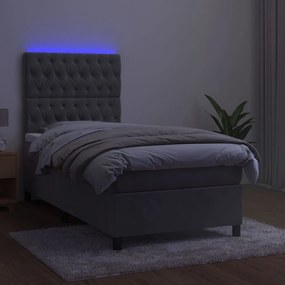 Box spring postel s matrací a LED světle šedá 90x200 cm samet 3136281