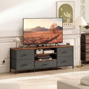 HOMCOM TV nábytek 140 cm, TV stolek 165,1 cm, dokovací stanice, 5 látkových zásuvek, otevřené police, 140x30x50 cm, rustikální hnědá