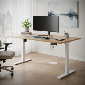 Výškově nastavitelný stůl OfficeTech B, 160 x 80 cm, bílá podnož, dub kamenný