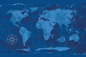 Tapeta rustikální mapa světa v modré barvě - 150x100 cm