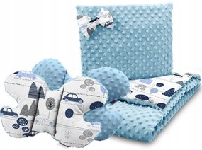 Dětská deka do kočárku s polštářkem a motýlkem - BABYMAM PREMIUM set 3v1 - Retro autíčka se světle modrou minky