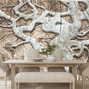 Tapeta abstraktní strom na dřevě v béžovém - 450x300 cm